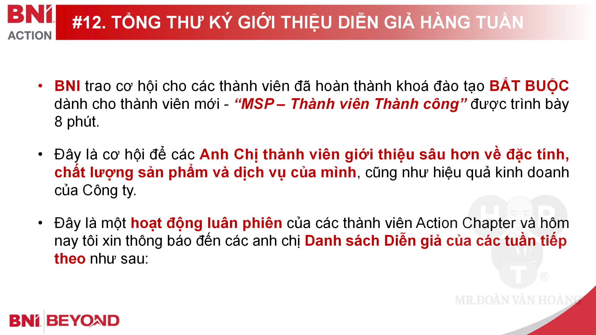 Giải thích chi tiết 20 bước buổi họp BNI - BNI Action Chapter
